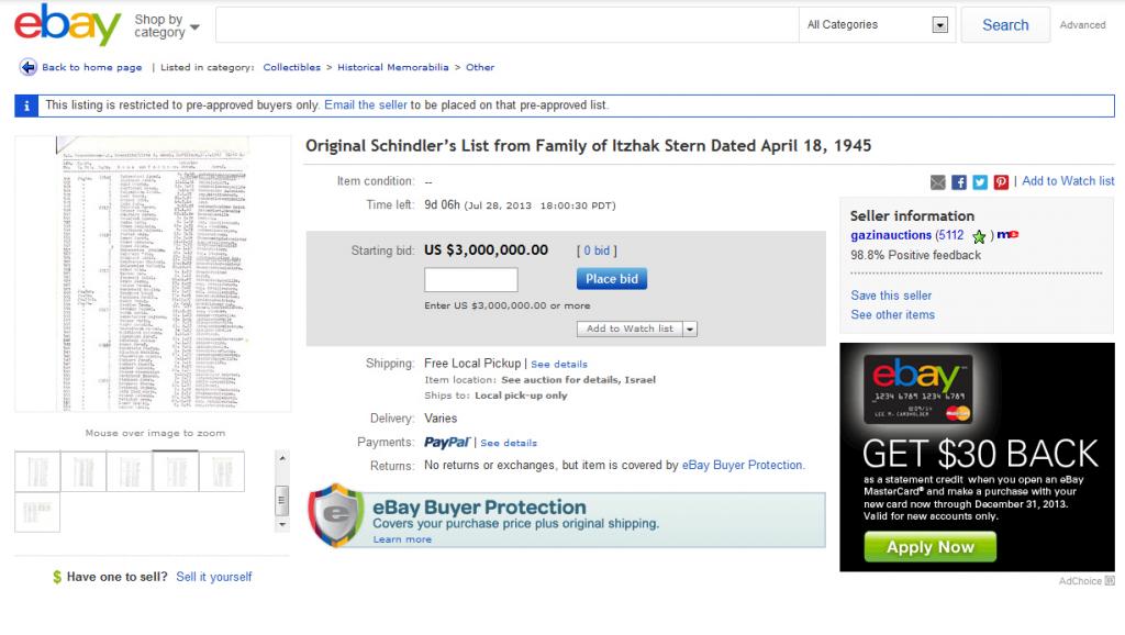 La lista de Schindler se vende por US$3 millones en eBay