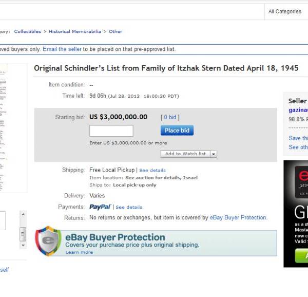 La lista de Schindler se vende por US$3 millones en eBay